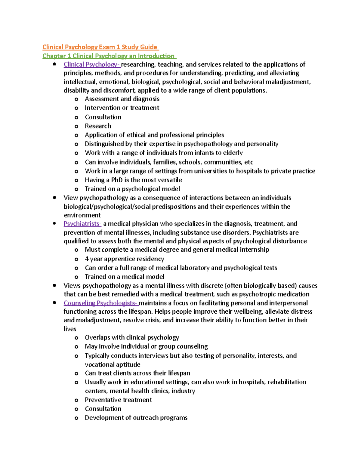 Clinical Psychology Exam 1 Study Guide - o Assessment and diagnosis o ...