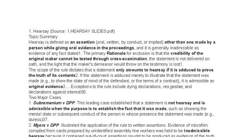 Evidence Final - Hearsay (Source: 1 SLIDES) Topic Summary Hearsay is ...