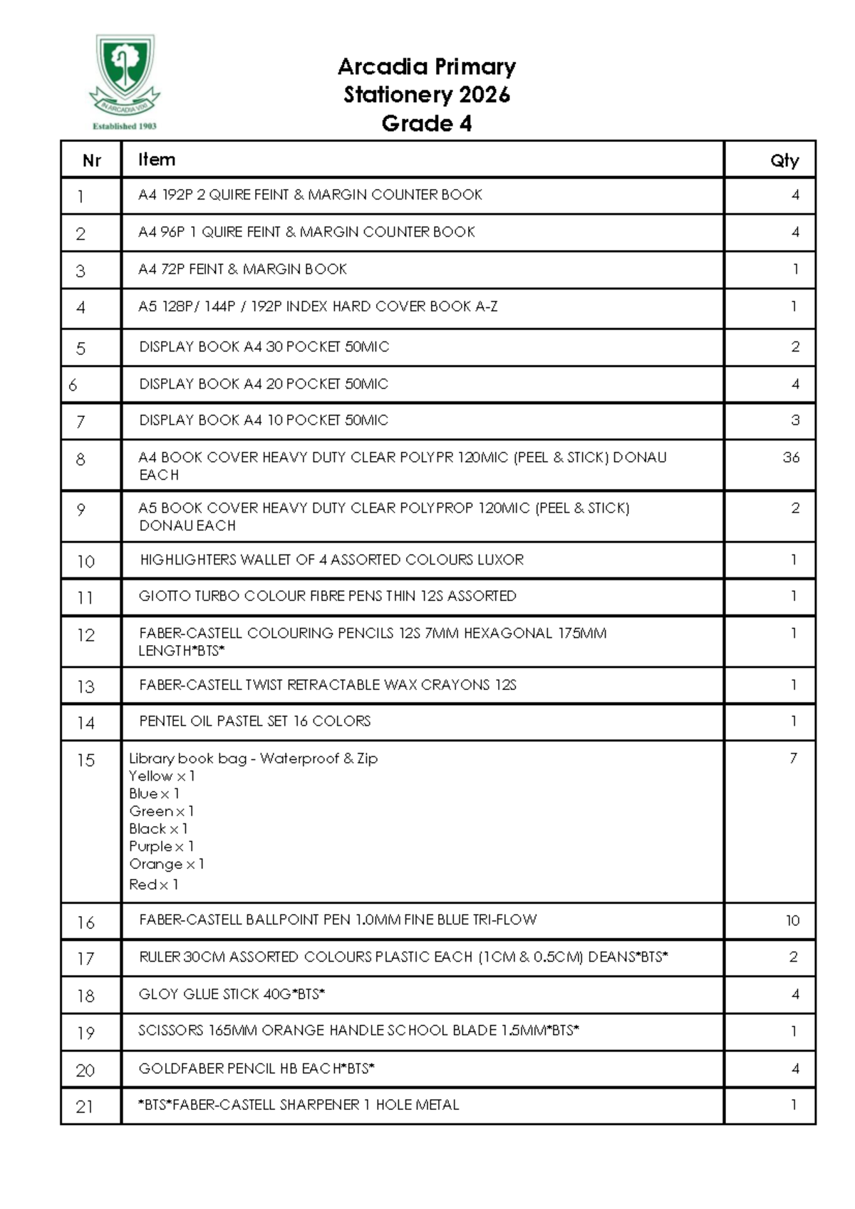 Arcadia Primary Stationery List 2026 for Grade 4 - CS Supplies - Studocu