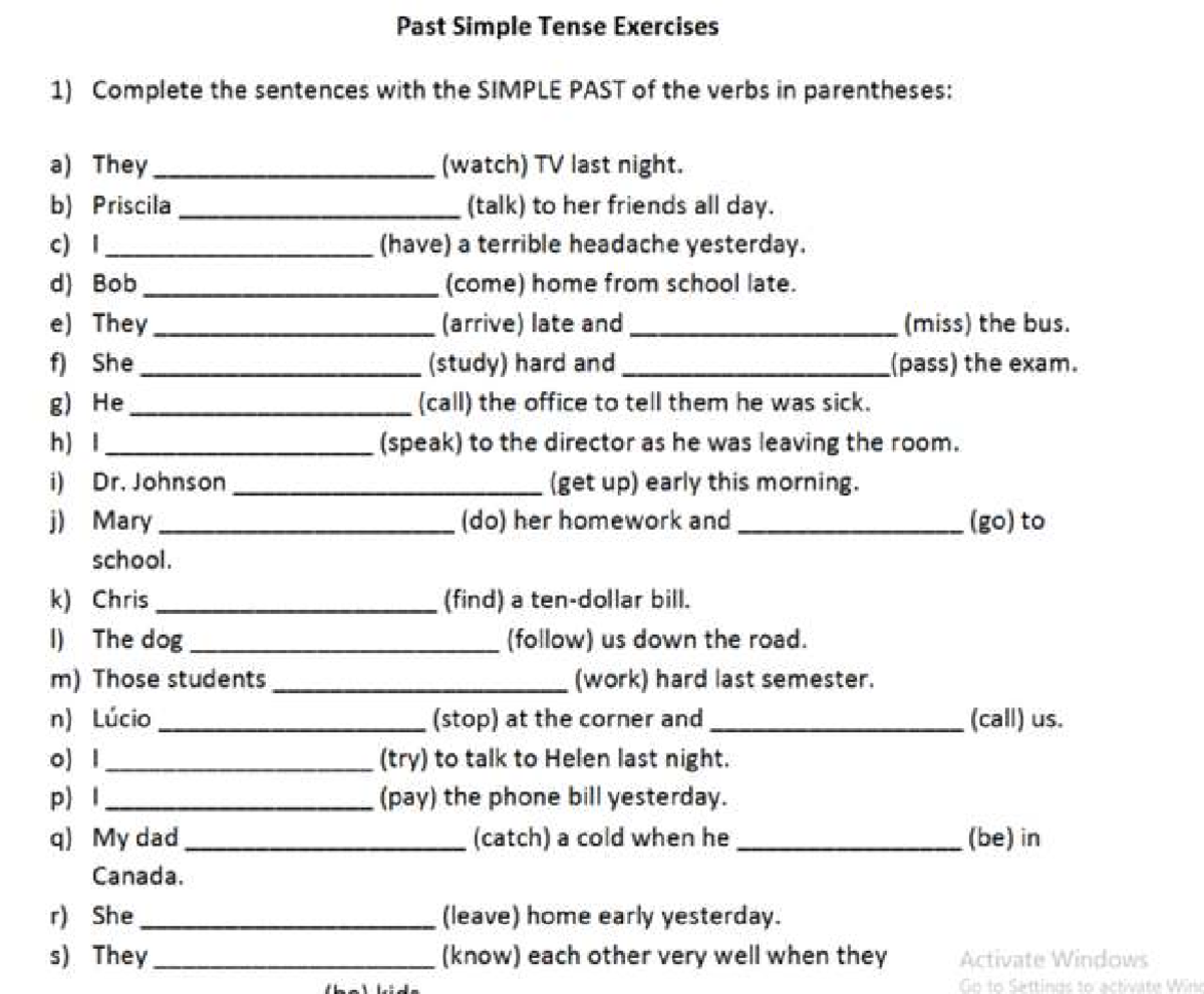 Past Simple Tense Exercises: H.W. on Verbs (Past & Present Perfect ...