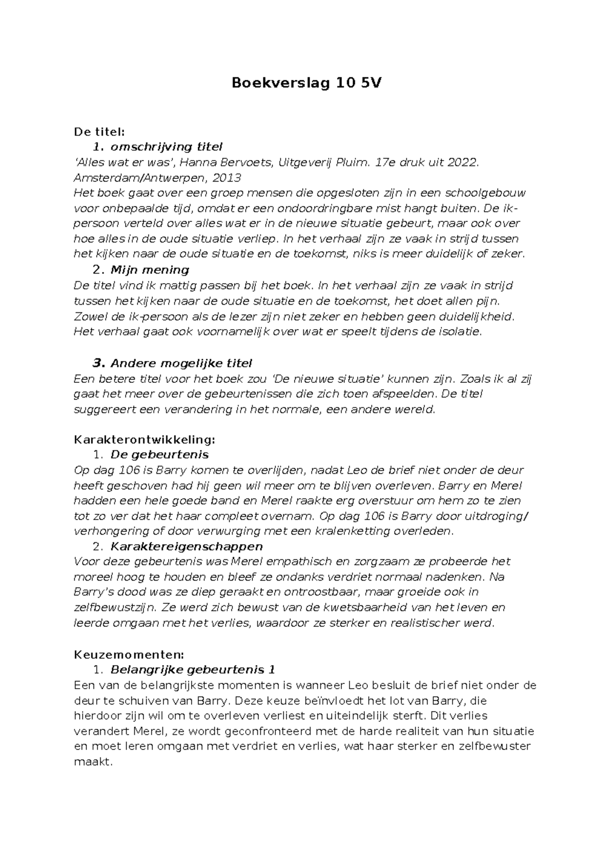 Boekverslag 10 5V: "Alles wat er was" van Hanna Bervoets - Studeersnel