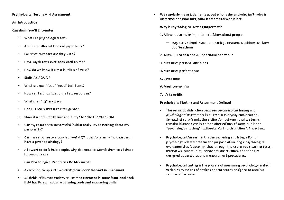 Psych Assess Midterm Reviewer - Psychological Testing And Assessment An ...