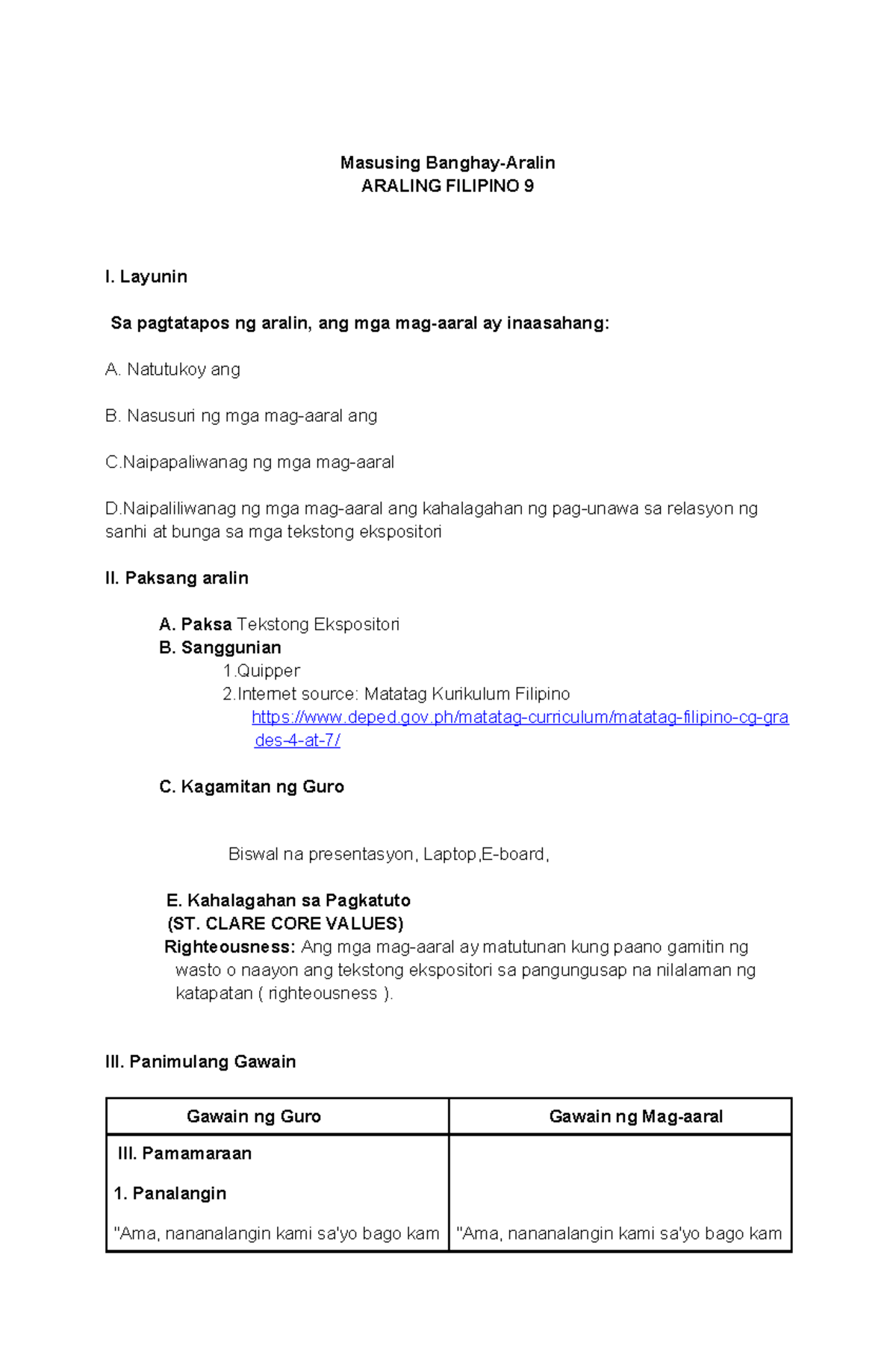DLP ( Kabanata 1-10 ) - Masusing Banghay-Aralin ARALING FILIPINO 9 I. Layunin Sa pagtatapos ng ...