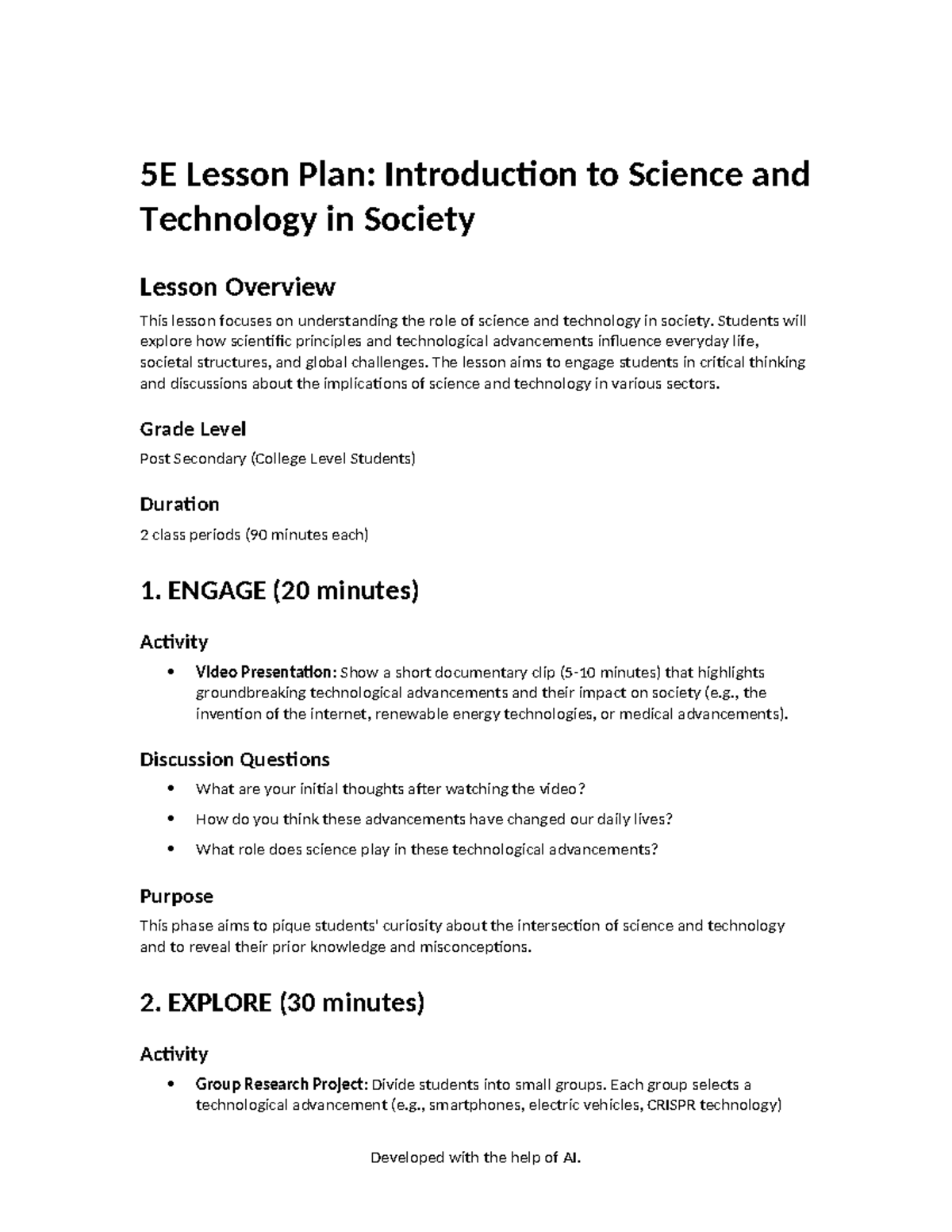5E Lesson Plan: Science & Technology in Society (Post-Secondary) - Studocu