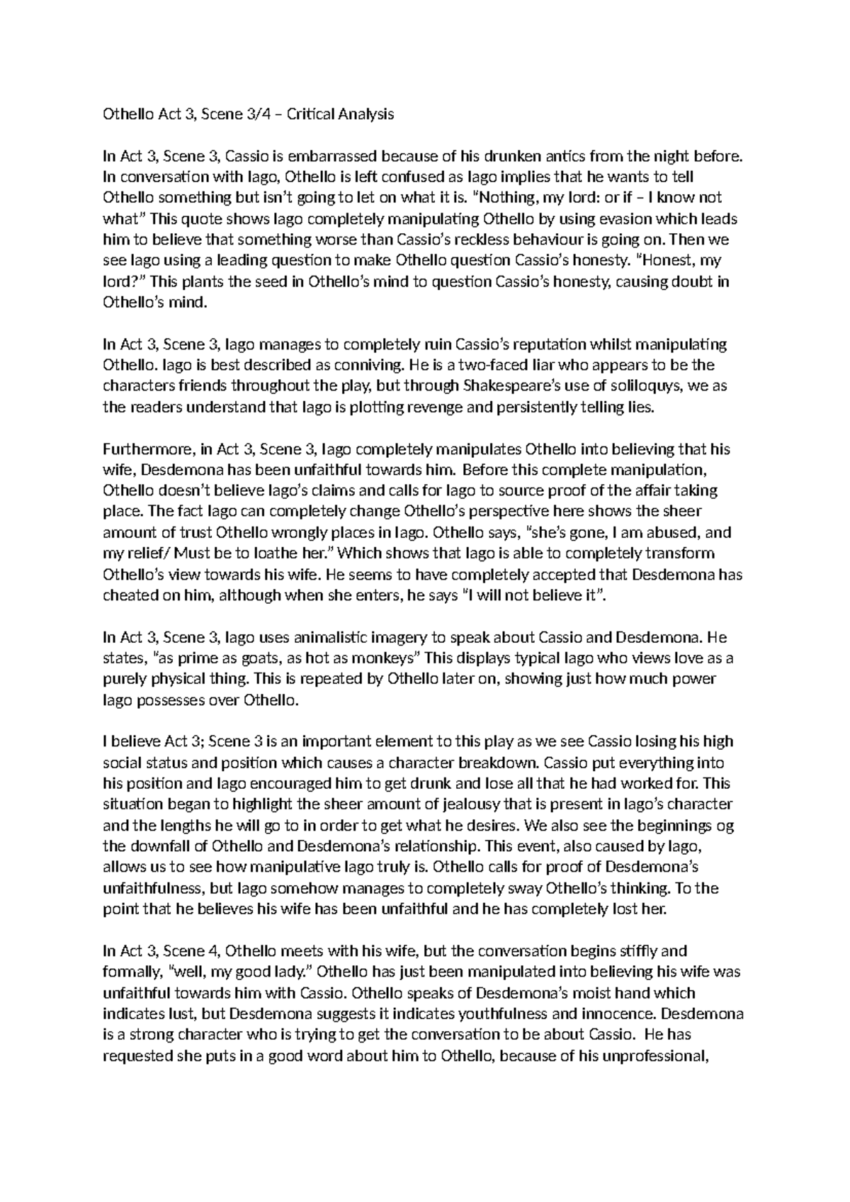 Othello Act 3, Scenes 3 & 4 - Critical Analysis of Manipulation - Studocu