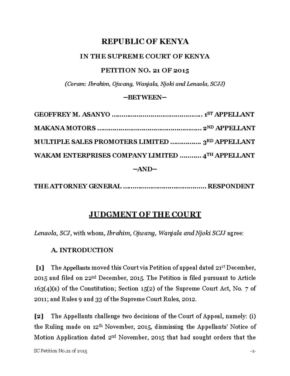 Supreme Court of Kenya Judgment: Petition No. 21 of 2015 Analysis - Studocu