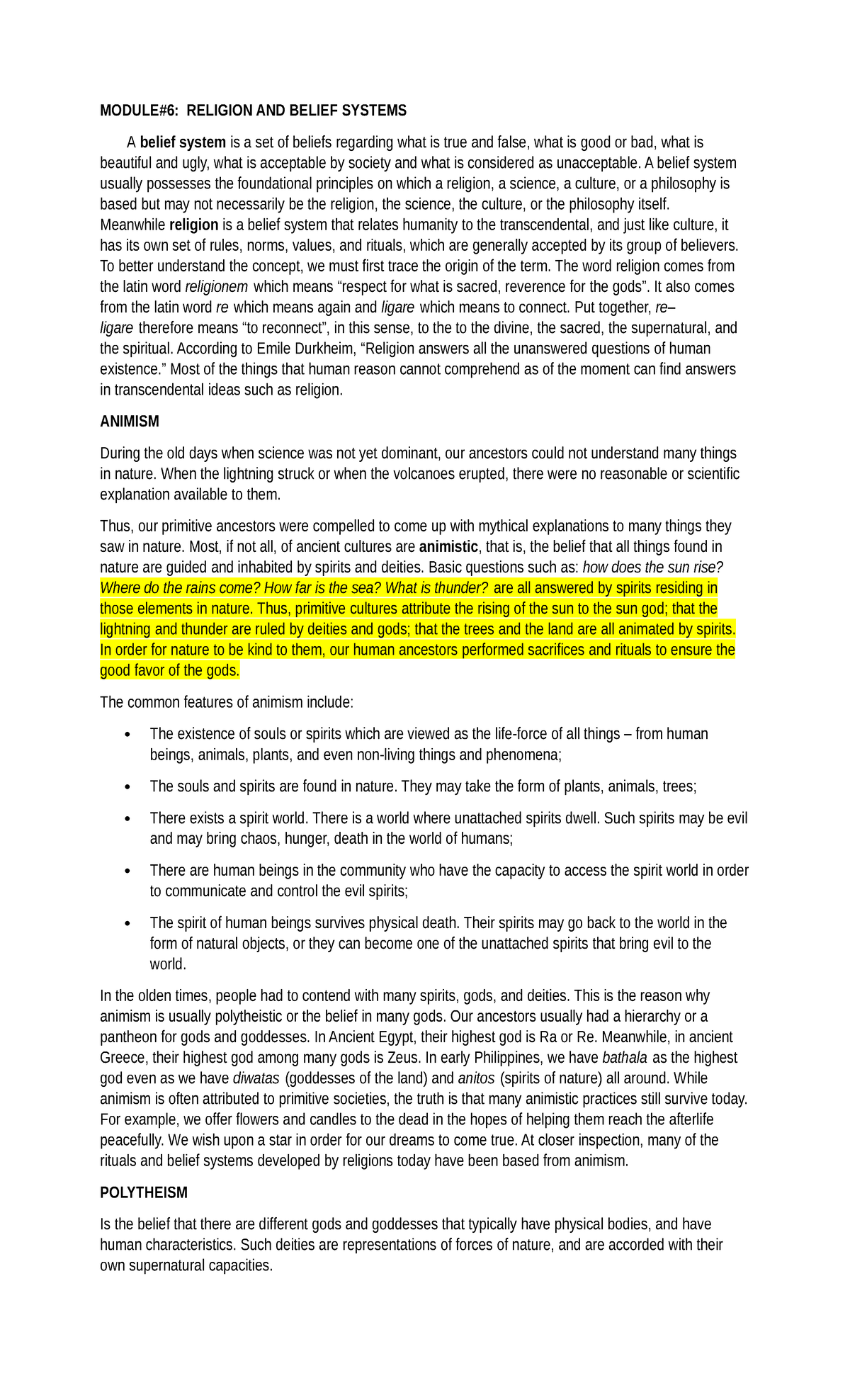 Religion - Module - MODULE#6: RELIGION AND BELIEF SYSTEMS A belief ...