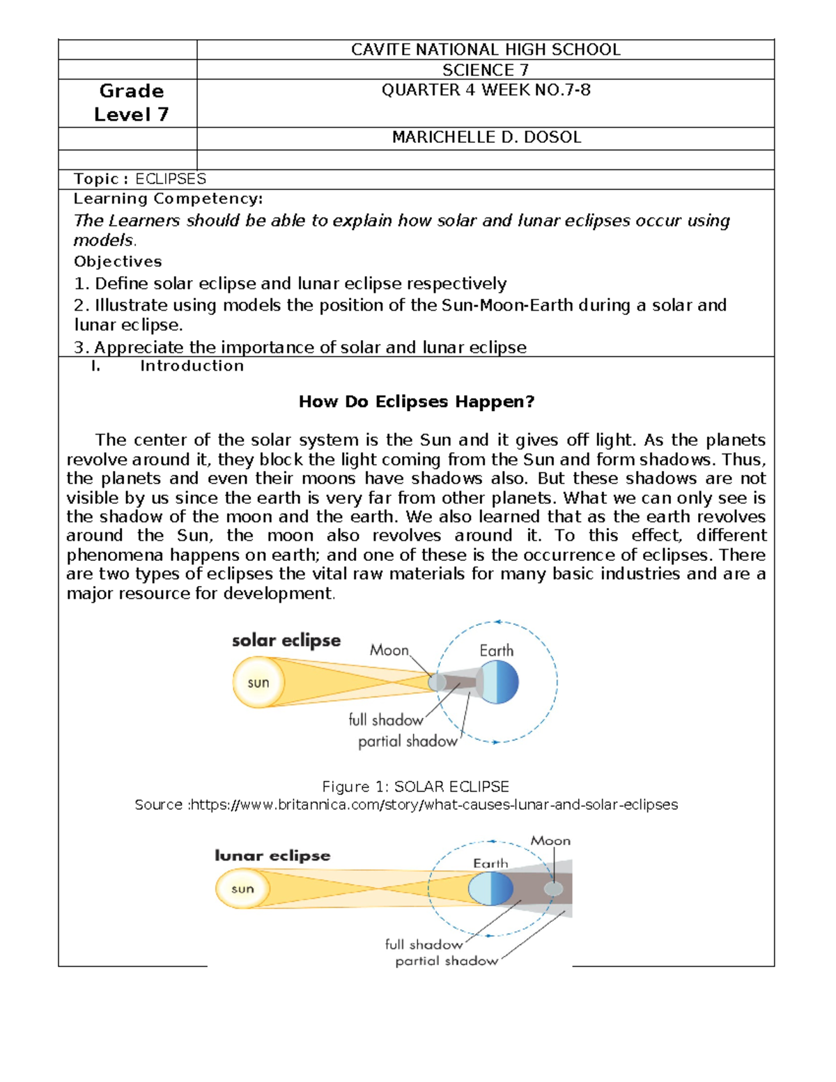 Grade 7 Science 7 LAS: Eclipses Explained (Quarter 4, Weeks 7-8) - Studocu