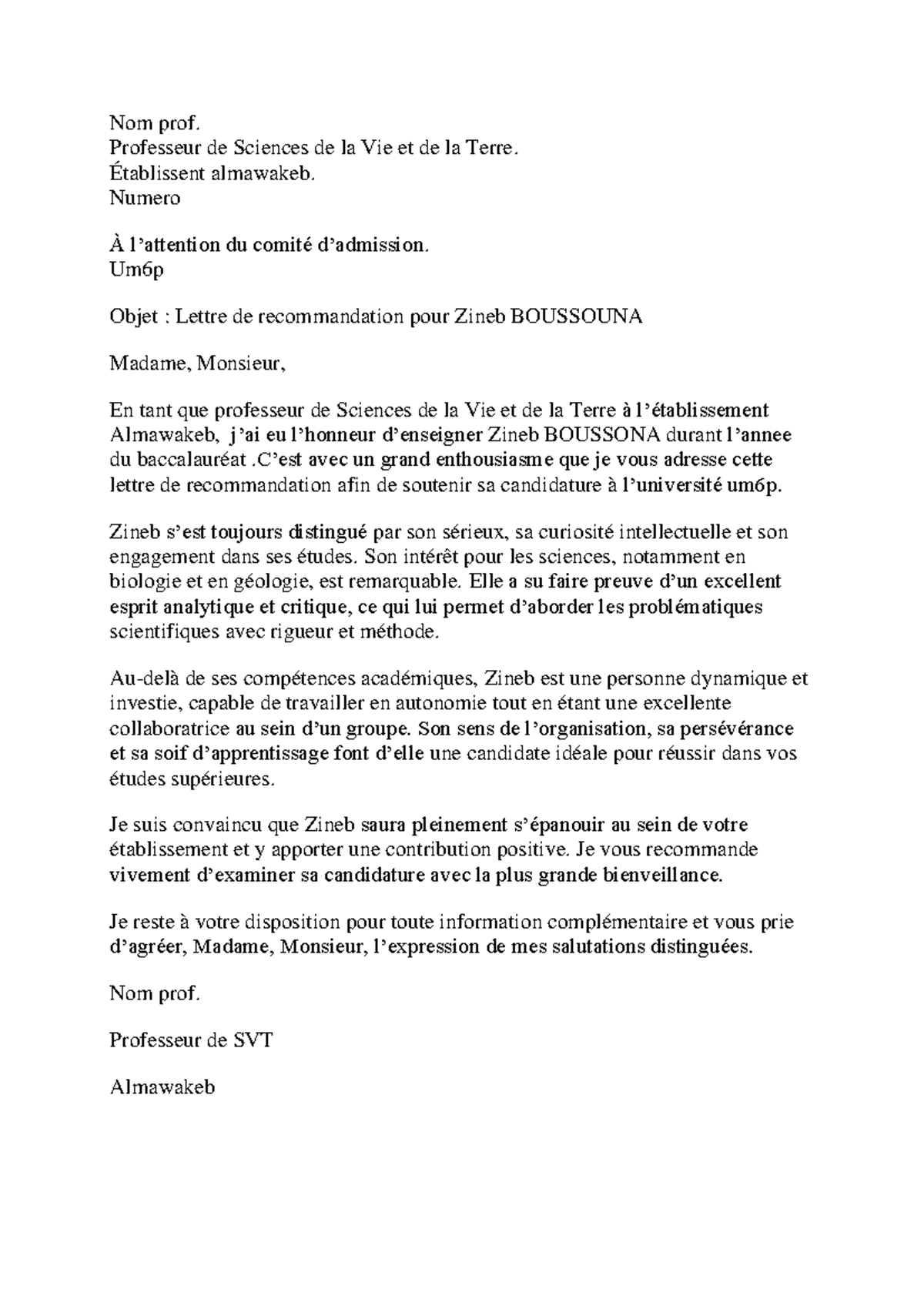 Lettre de recommandation pour Zineb BOUSSOUNA - SVT - Studocu