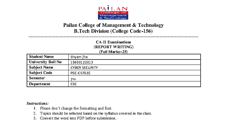 Cyber Security Report Writing - B.Tech CSE Sem 7 (15600122013) - Studocu