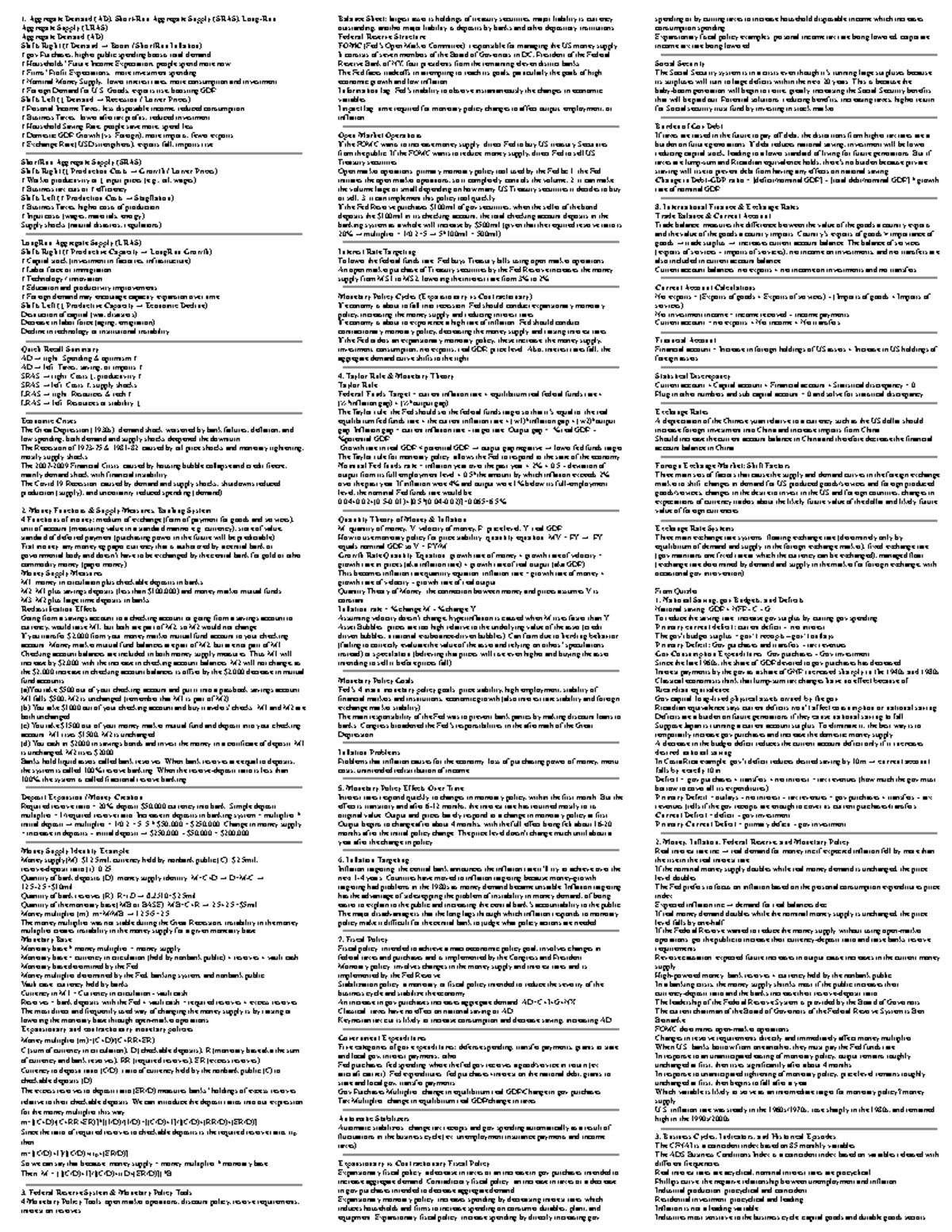 Econ 352 Final Exam Cheat Sheet: Aggregate Demand & Monetary Policy ...