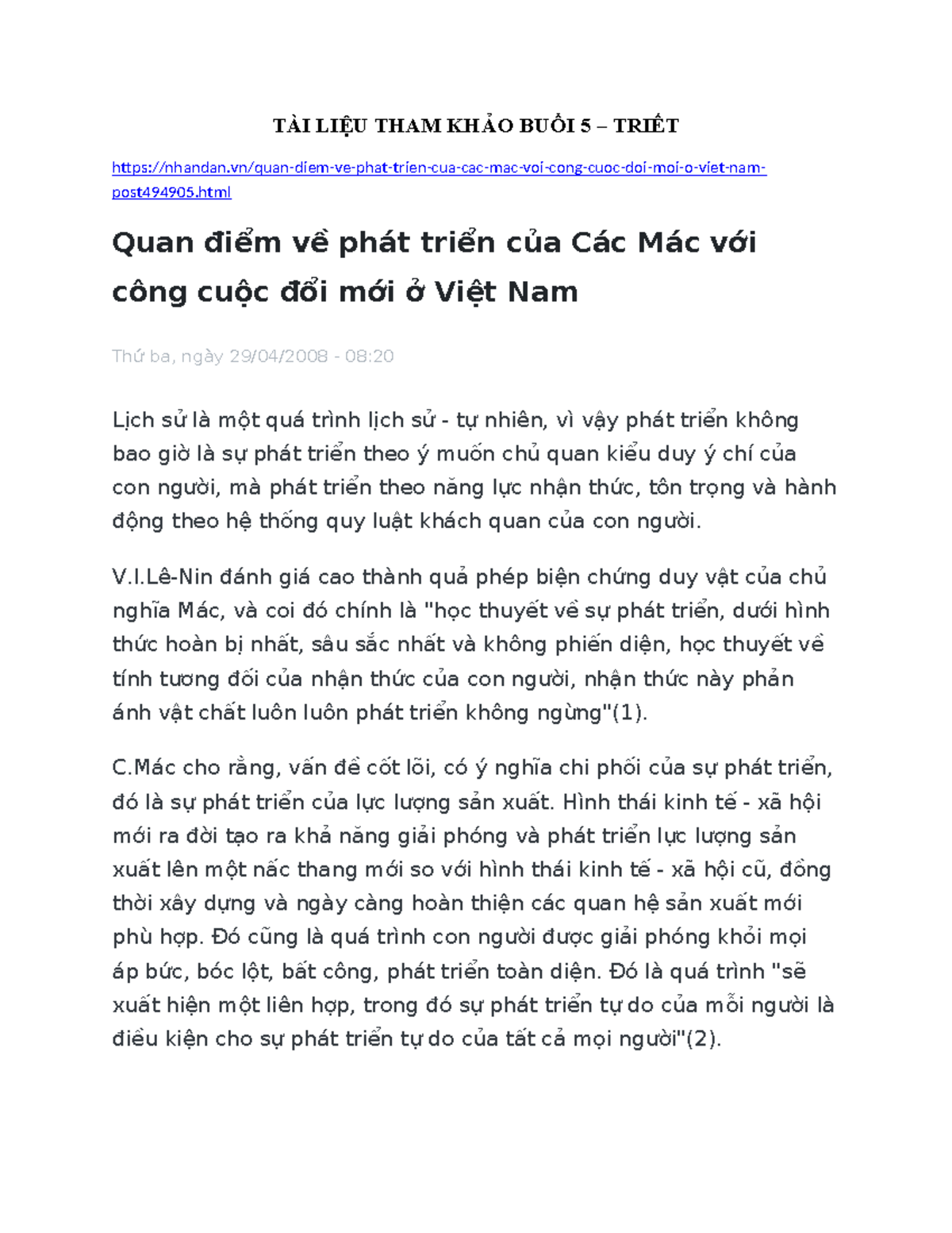 TLTK LMS03 BUỔI 5 - Quan điểm phát triển của Các Mác tại VN - Studocu