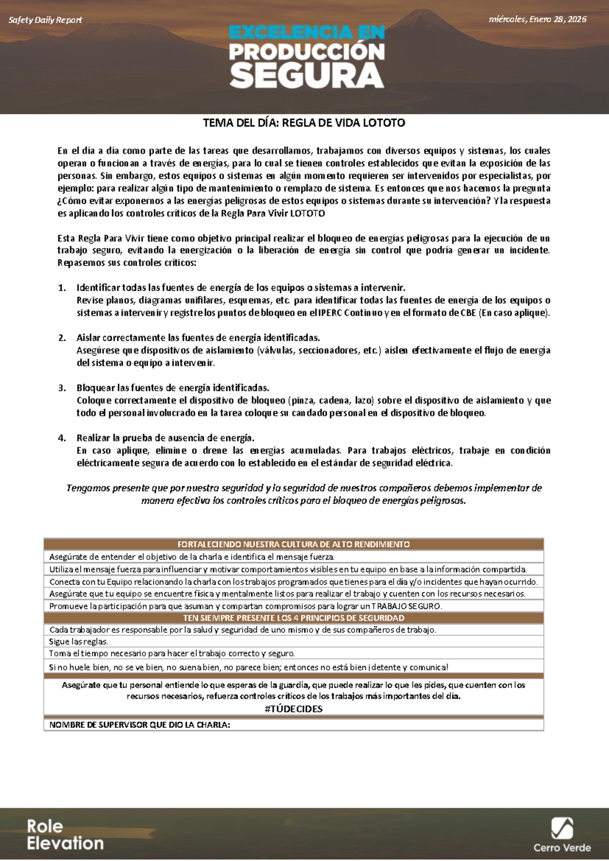 Reporte Diario de Seguridad - EECC 28-01-2026: Regla LOTOTO - Studocu