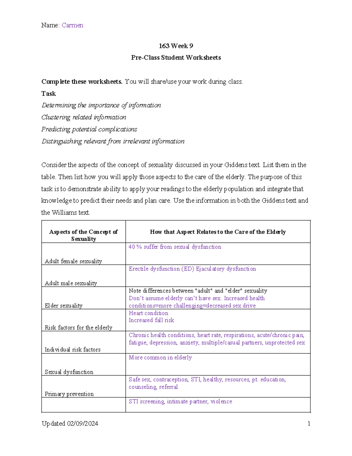 NUR 163 Week 9 Pre-Class Assignment - 163 Week 9 Pre-Class Student ...