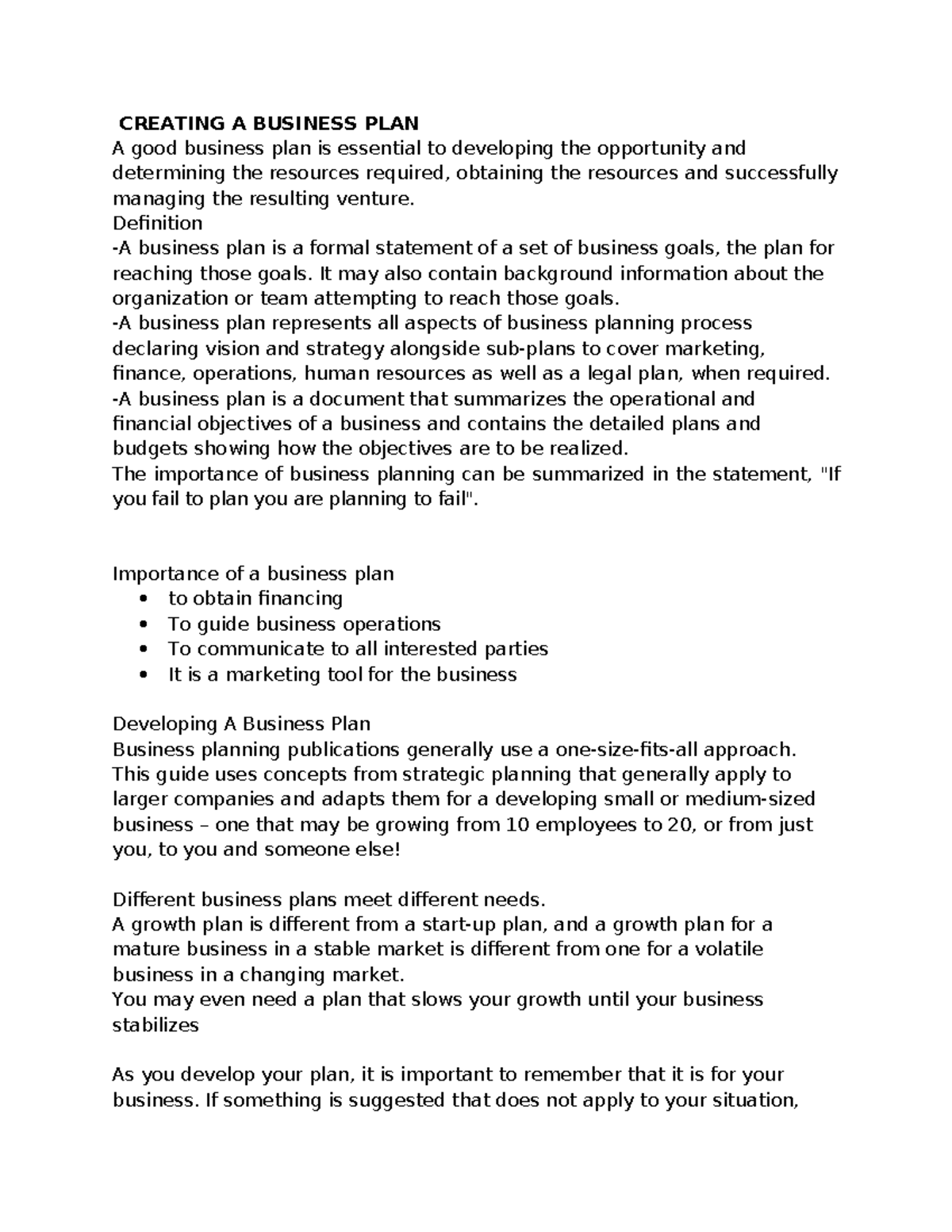 BUS 101: Creating a Comprehensive Business Plan Guide - Studocu