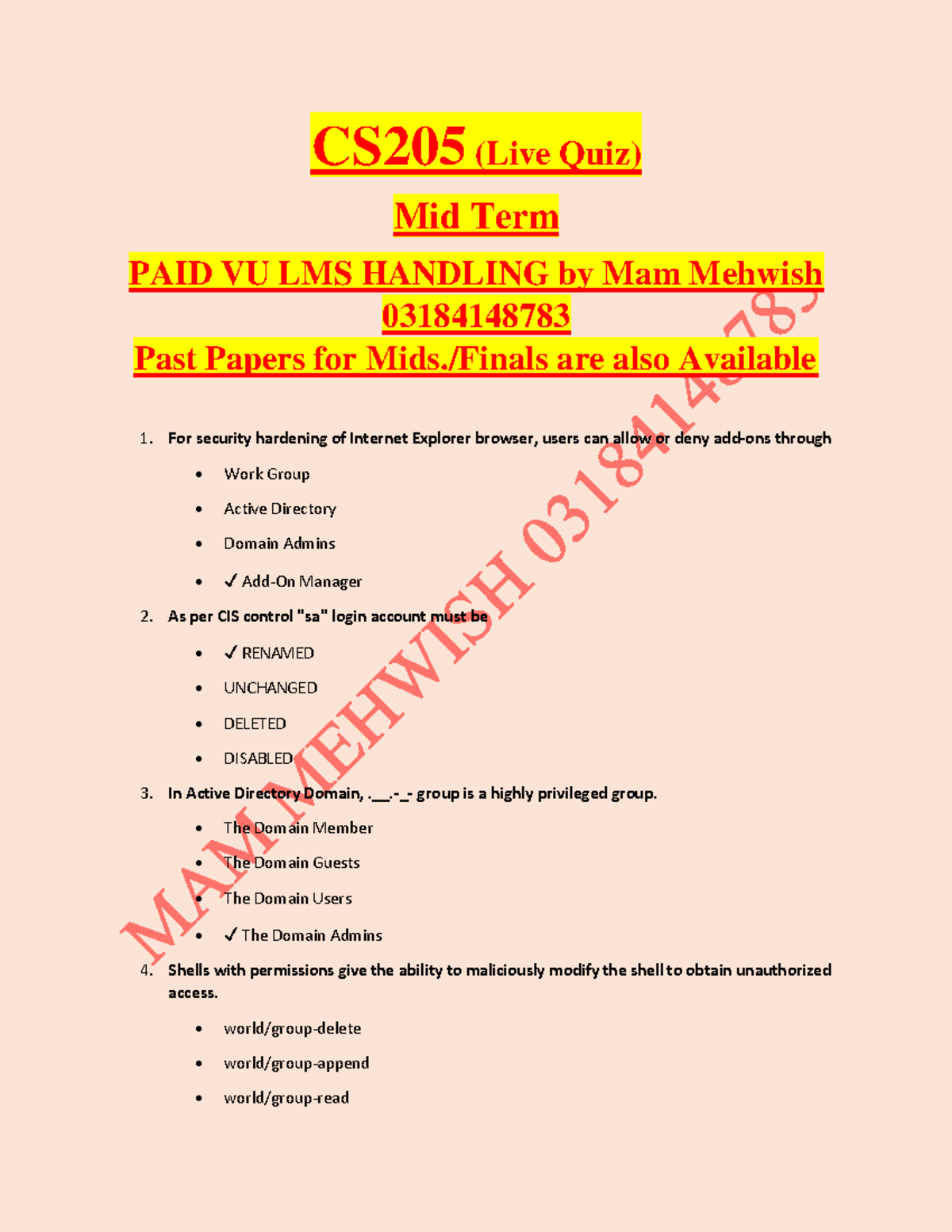 CS205 Midterm MCQs 2024 by Mam Mehwish - Live Quiz Collection - Studocu