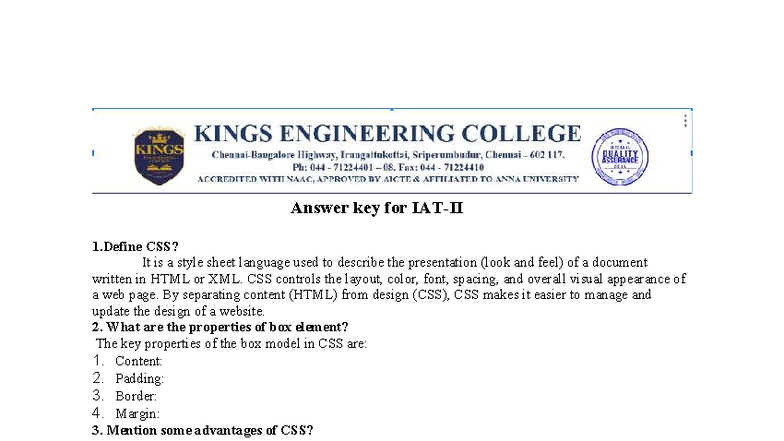 Answer Key for IAT-II: CSS & C Programming Concepts - Studocu