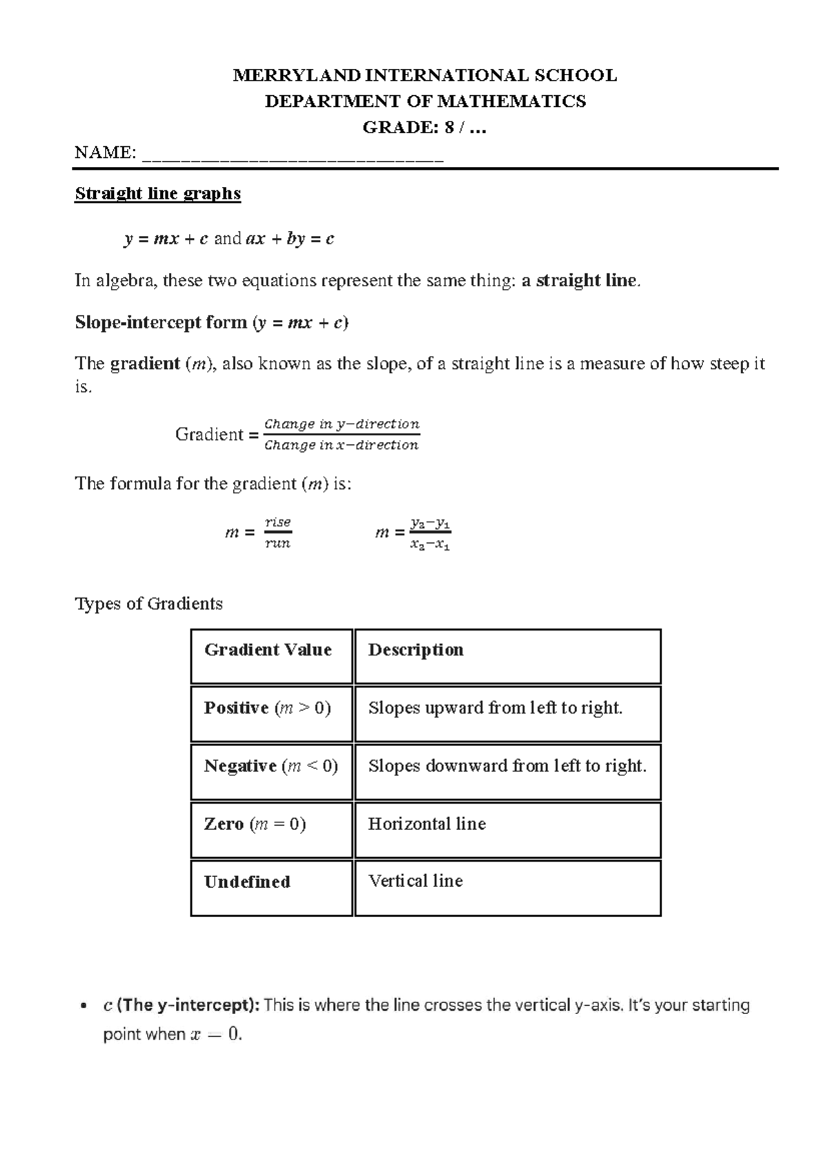 Straight Line Graphs: y = mx + c & ax + c - Grade 8 Math Notes - Studocu