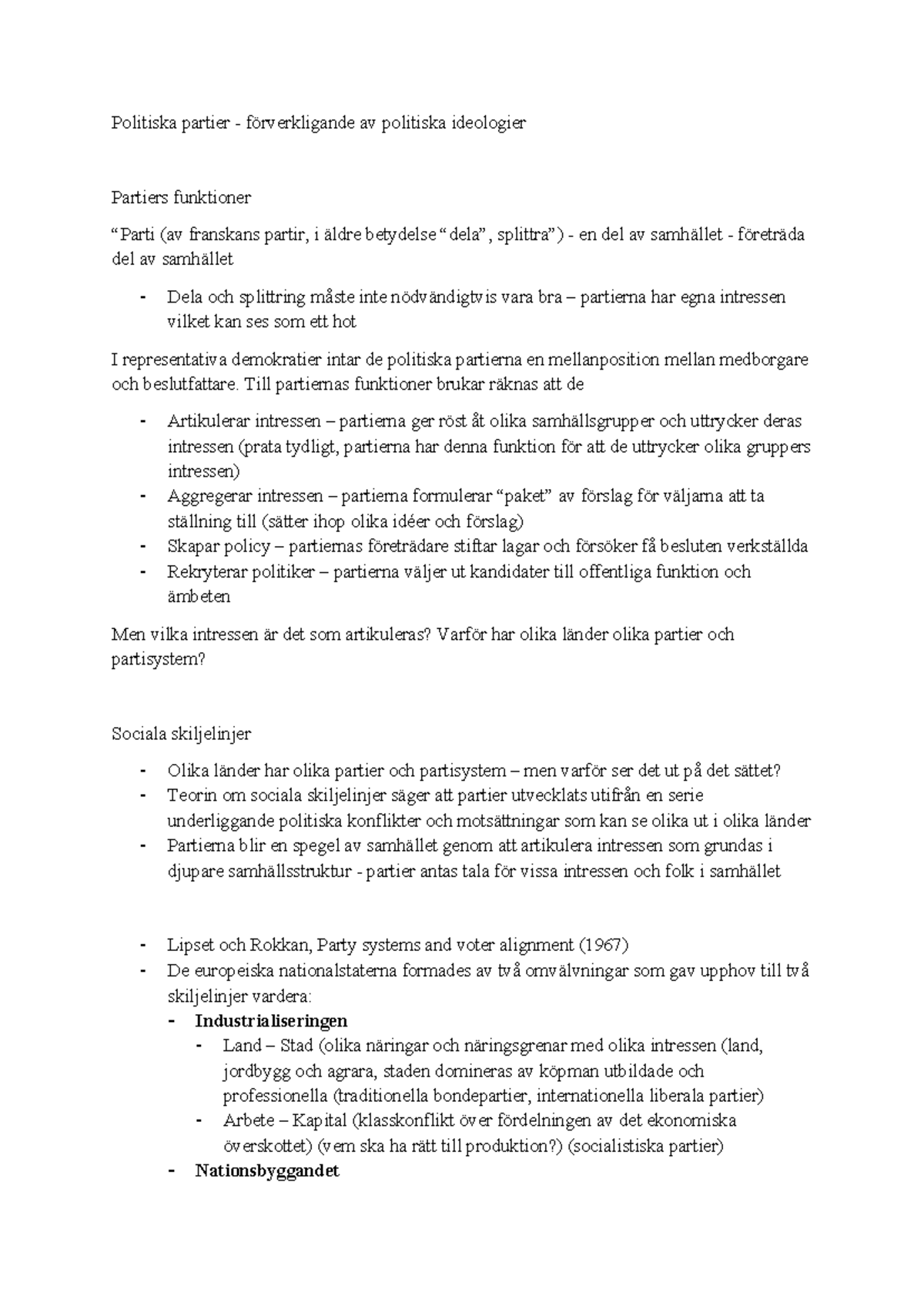 Politiska Partier och Deras Ideologiska Funktioner: En Analys - Studocu