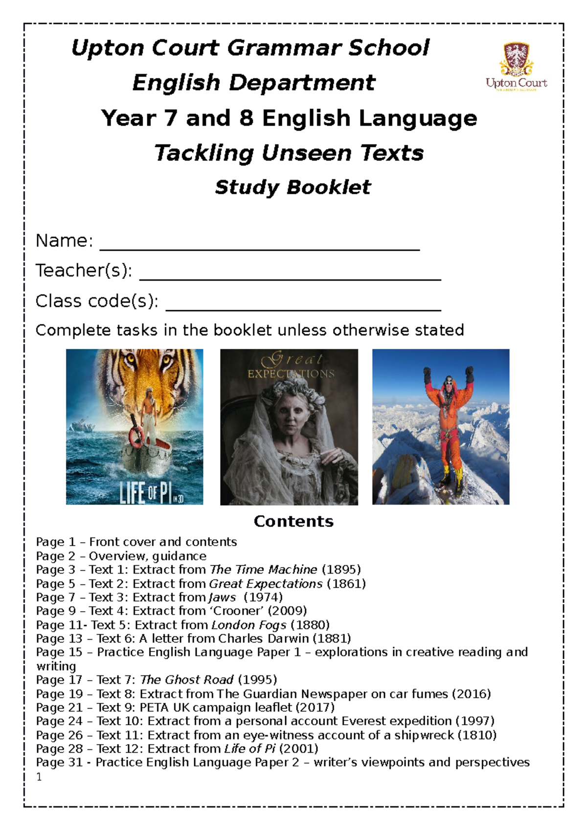 AQA KS3 Unseen Texts Study Booklet for Year 7 & 8 English Language ...