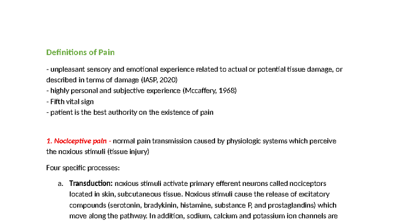 BOOK Based Reviewer - Pain Definitions and Management (NURS 101) - Studocu