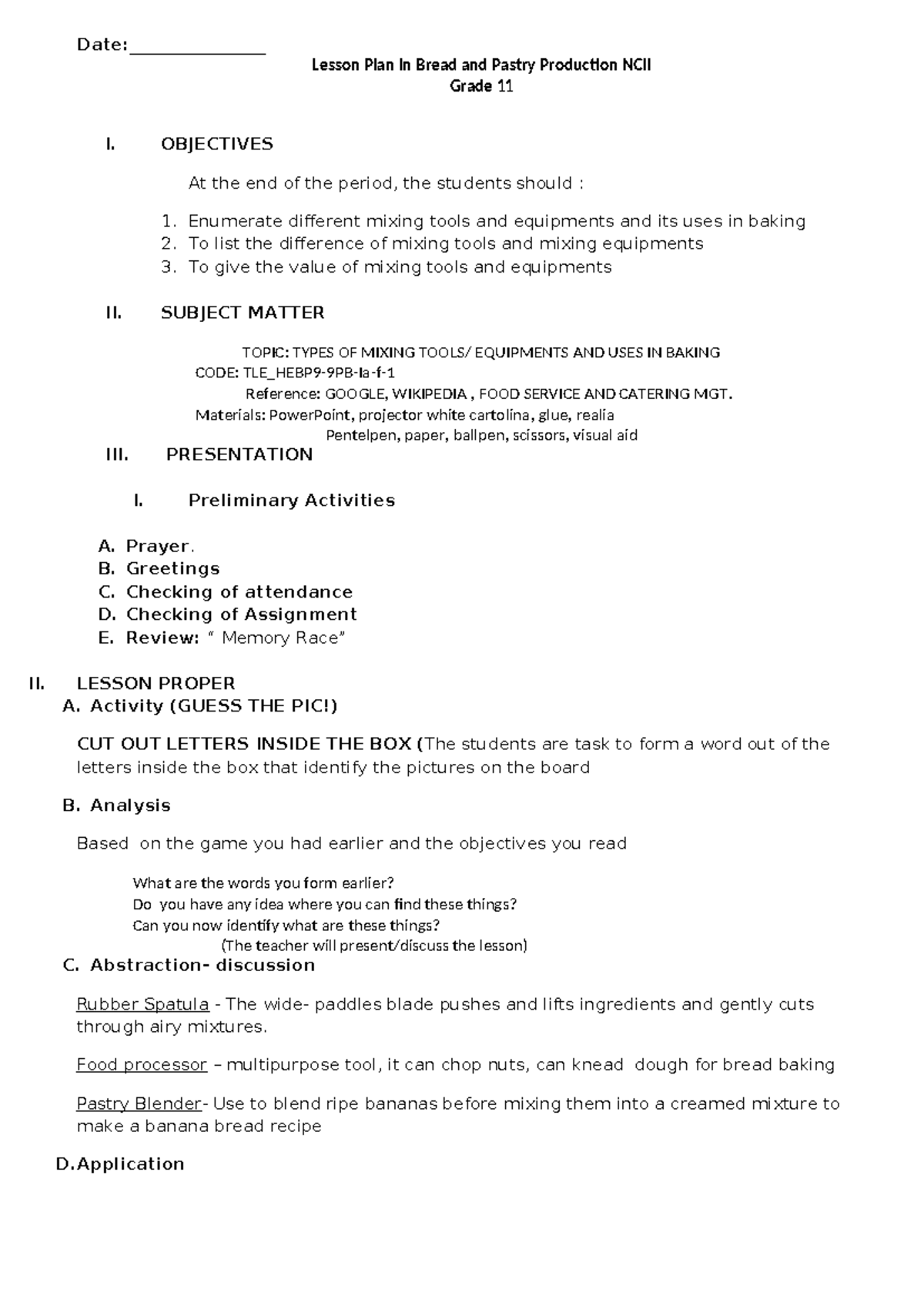 Lesson Plan: Bread and Pastry Production NCII - Mixing Tools ...