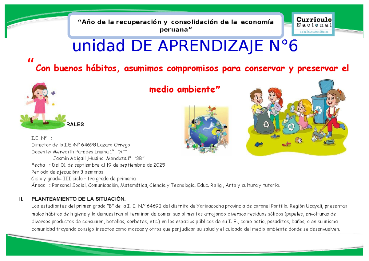 Unidad de Aprendizaje N° 6: Hábitos para Cuidar el Medio Ambiente - Studocu