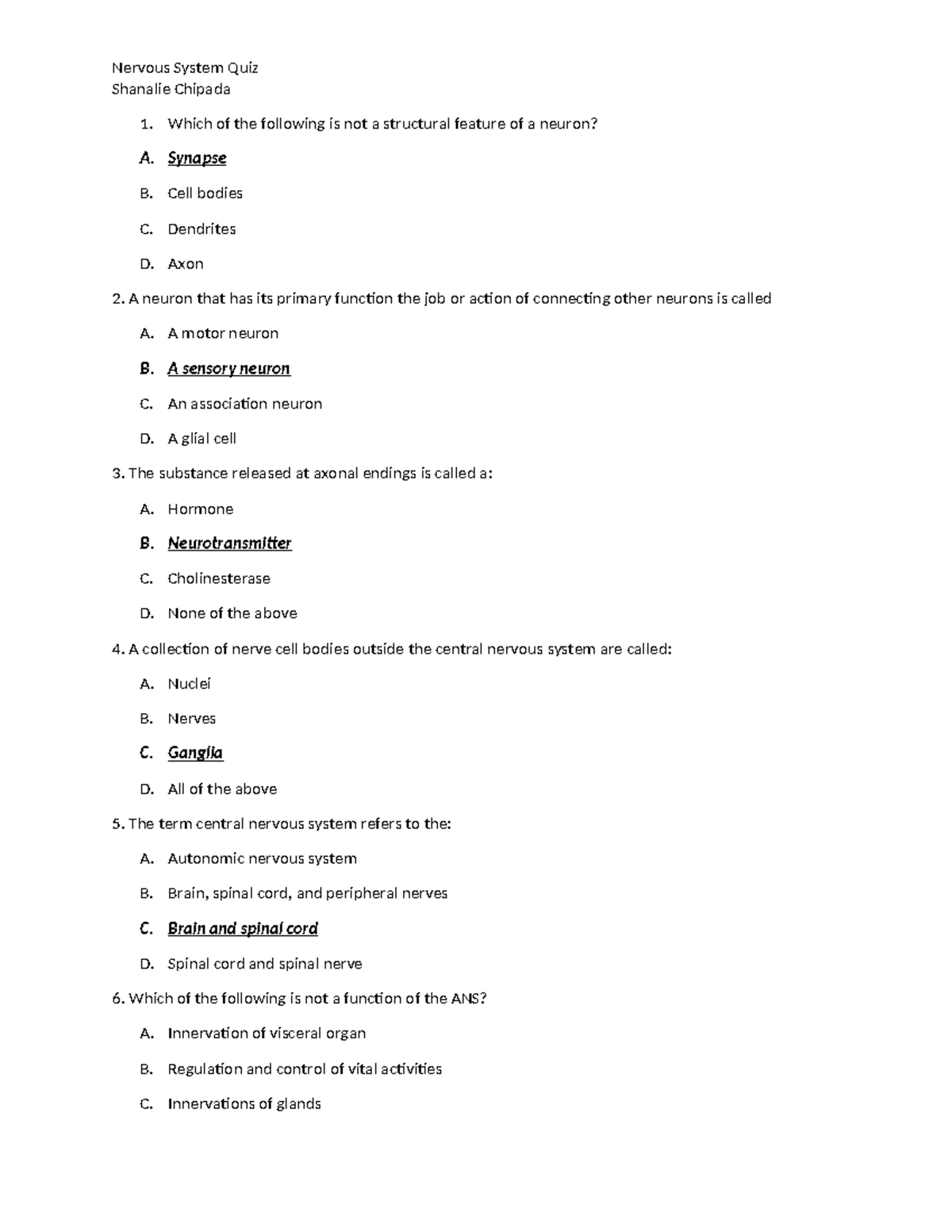 Nervous System Quiz - ANATOMY101 Final Exam - Studocu