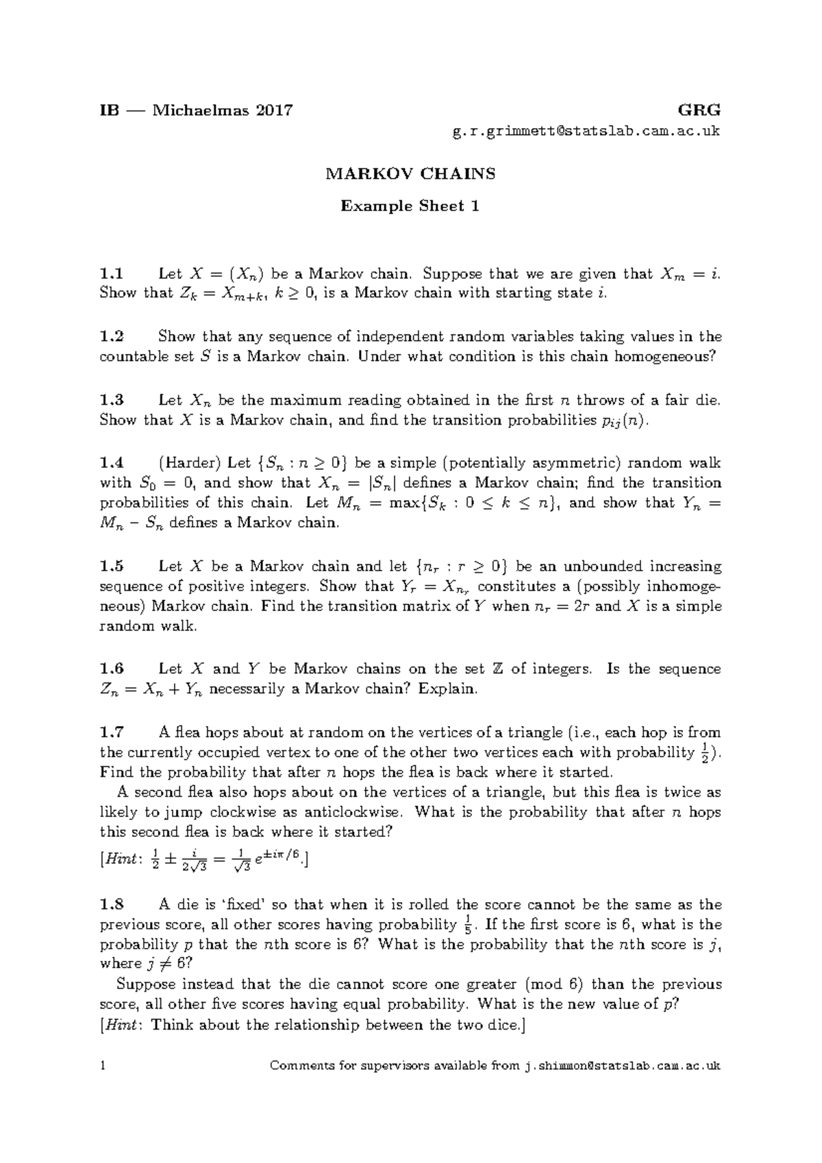 Markov Chains 2017-2018 Example Sheet 1 - IB — Michaelmas 2017 GRG g.r ...