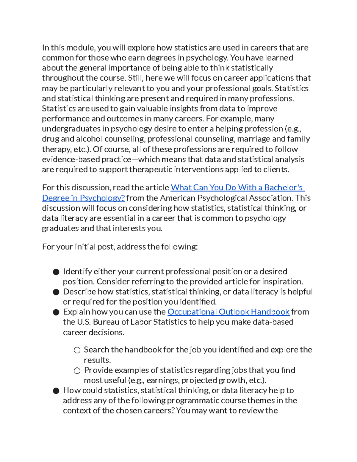 PSY 301 Module 8 Discussion: Stats in Psychology Careers - Studocu