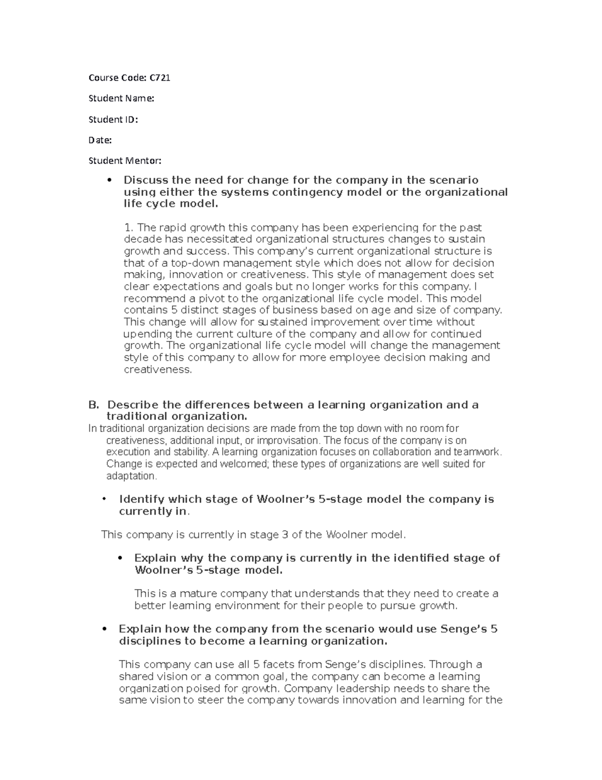 Change Management Essay Revised - Course Code: C Student Name: Student ...
