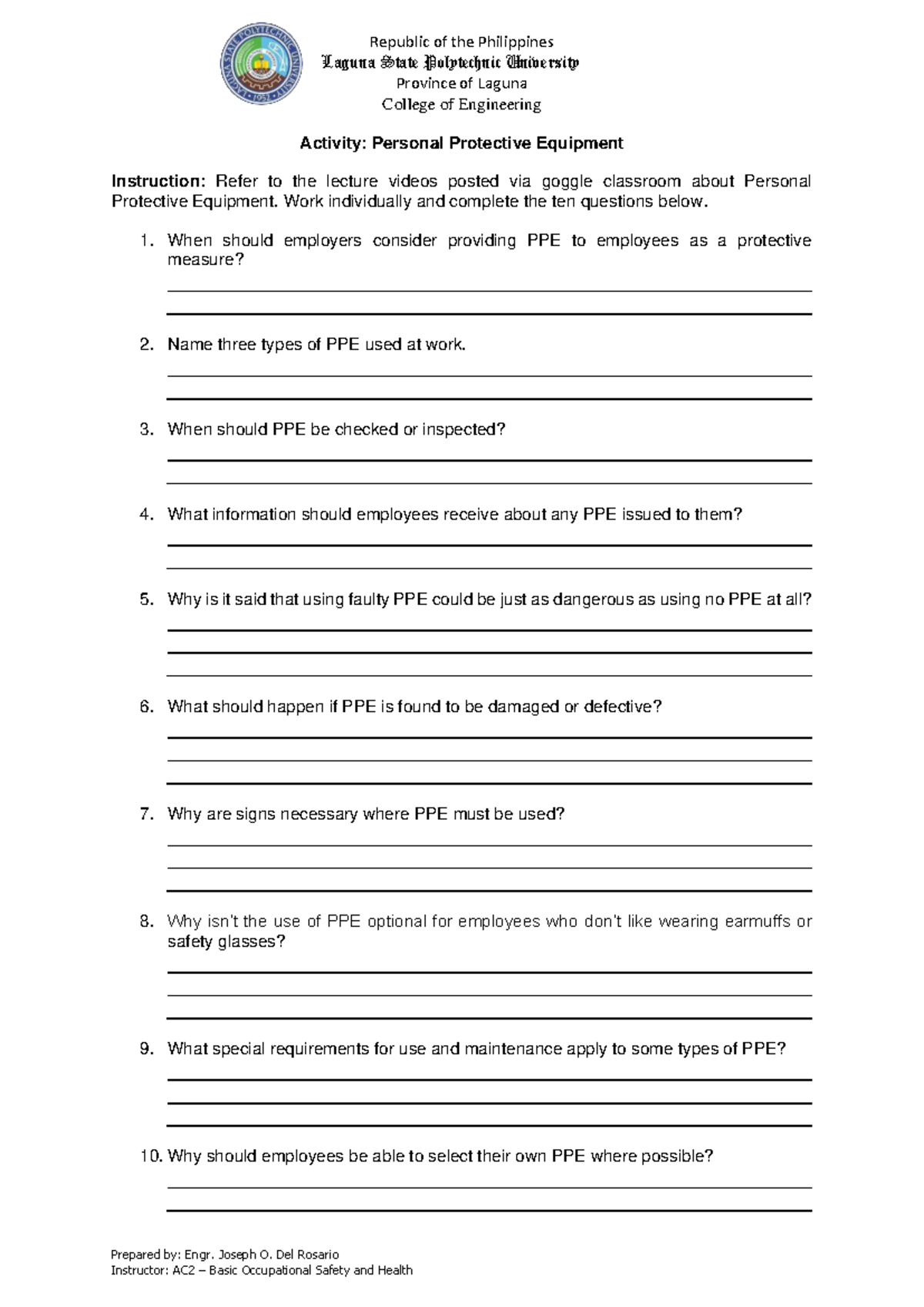 Activity: PPE Questions for AC2 Basic Occupational Safety and Health ...
