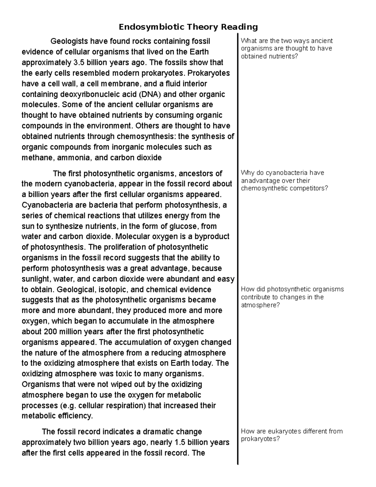 Endosymbiotic Theory Analysis for Bio 101 Reading - Studocu