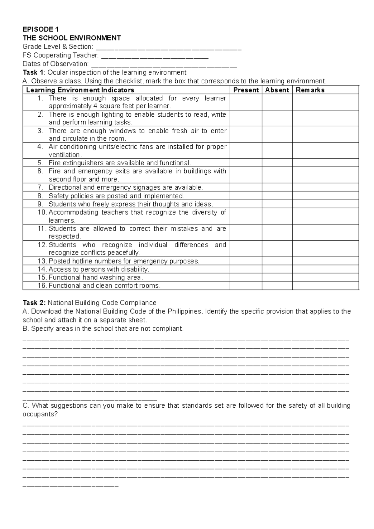 2024 Field Study 1 AND 2 BODY - EPISODE 1 THE SCHOOL ENVIRONMENT Grade ...