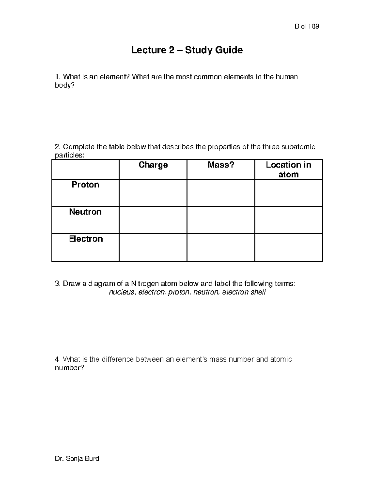 Biol 189: Lecture 2 Study Guide on Atomic Structure & Isotopes - Studocu