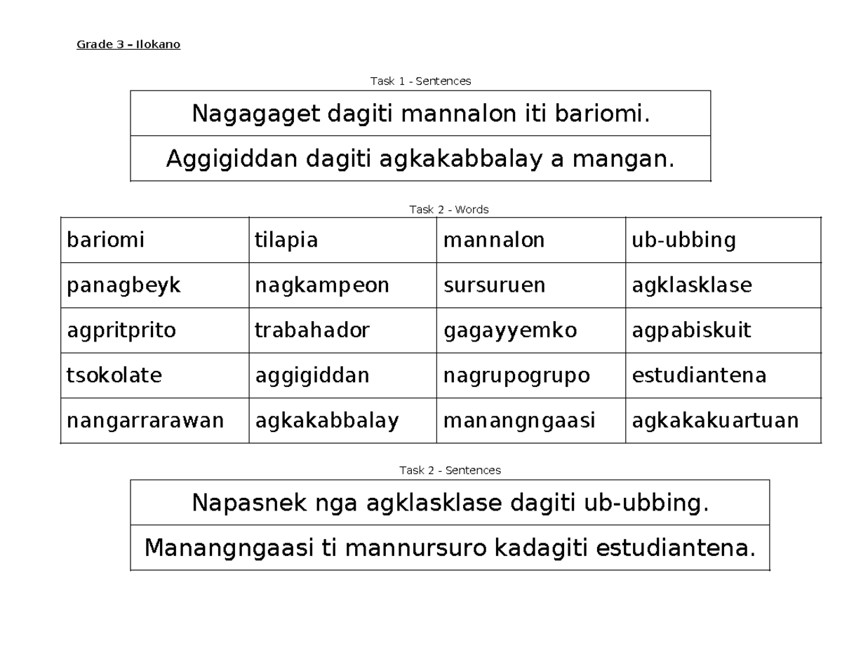 Ilokano G3 Bo SY CRLA - Grade 3 – Ilokano Task 1 - Sentences Nagagaget ...