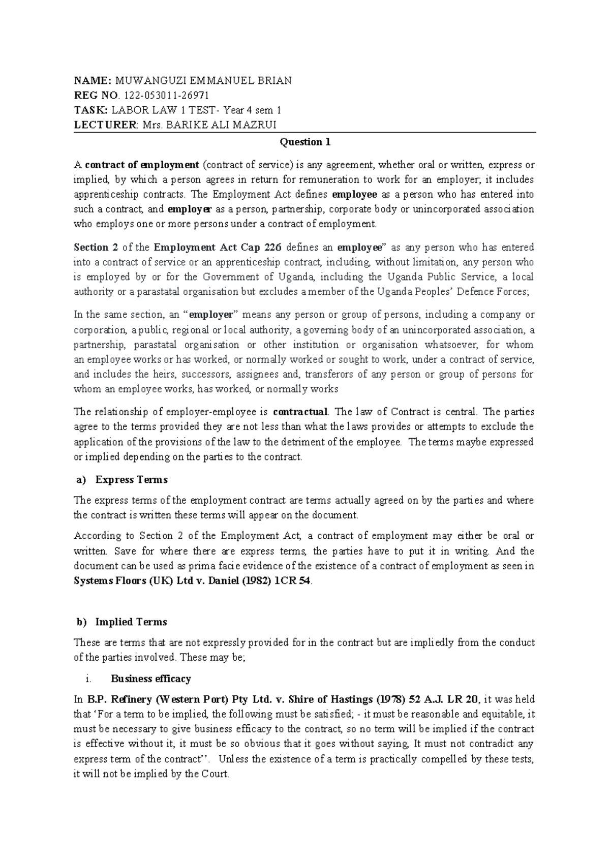 Labor Law 1: Employment Contracts and Terms Explained - Studocu