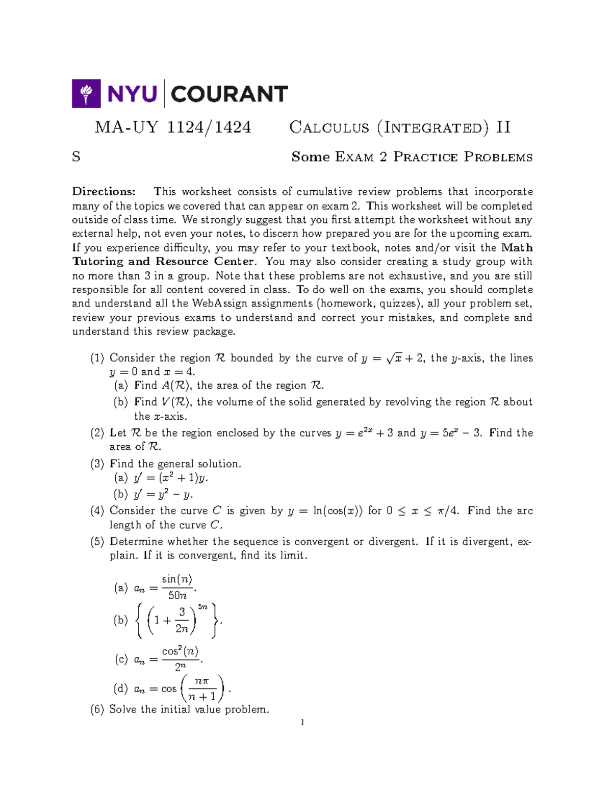MA-UY 1124/1424 Final Exam 2 Practice Problems Review - Studocu