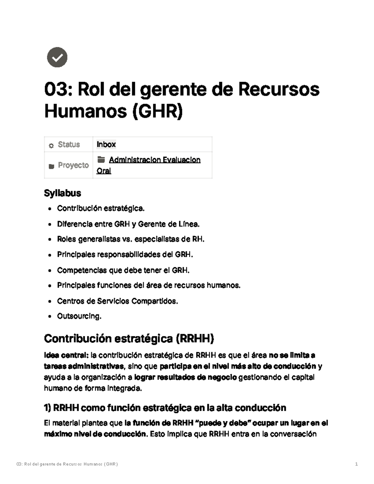 03: Resumen del Rol del Gerente de Recursos Humanos (GHR) - Studocu