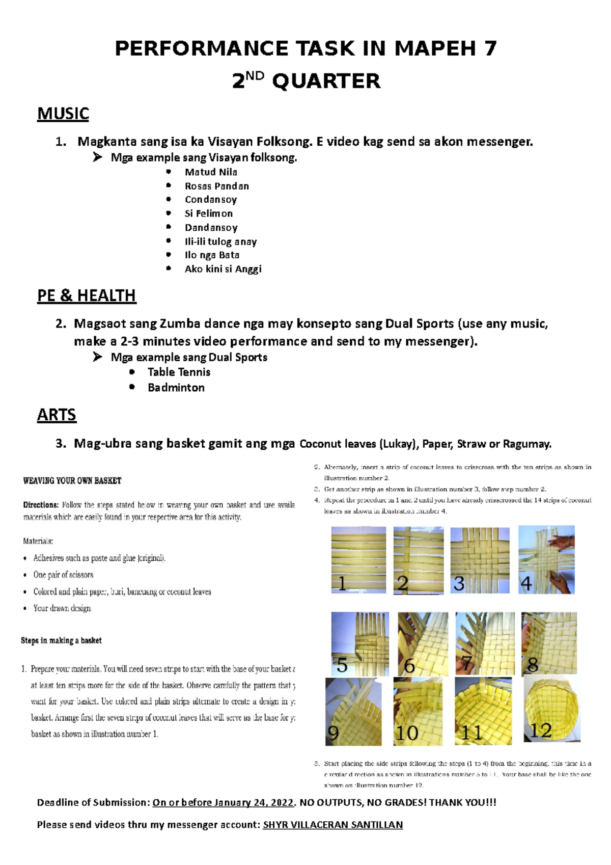 Performance Task in MAPEH 7 for 2nd Quarter: Music, PE & Arts - Studocu