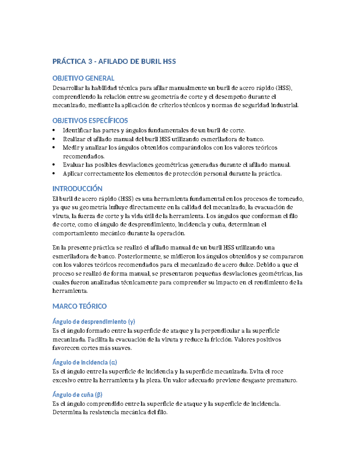 PRÁCTICA 3: AFILADO MANUAL DE BURIL HSS Y ANÁLISIS GEOMÉTRICO - Studocu