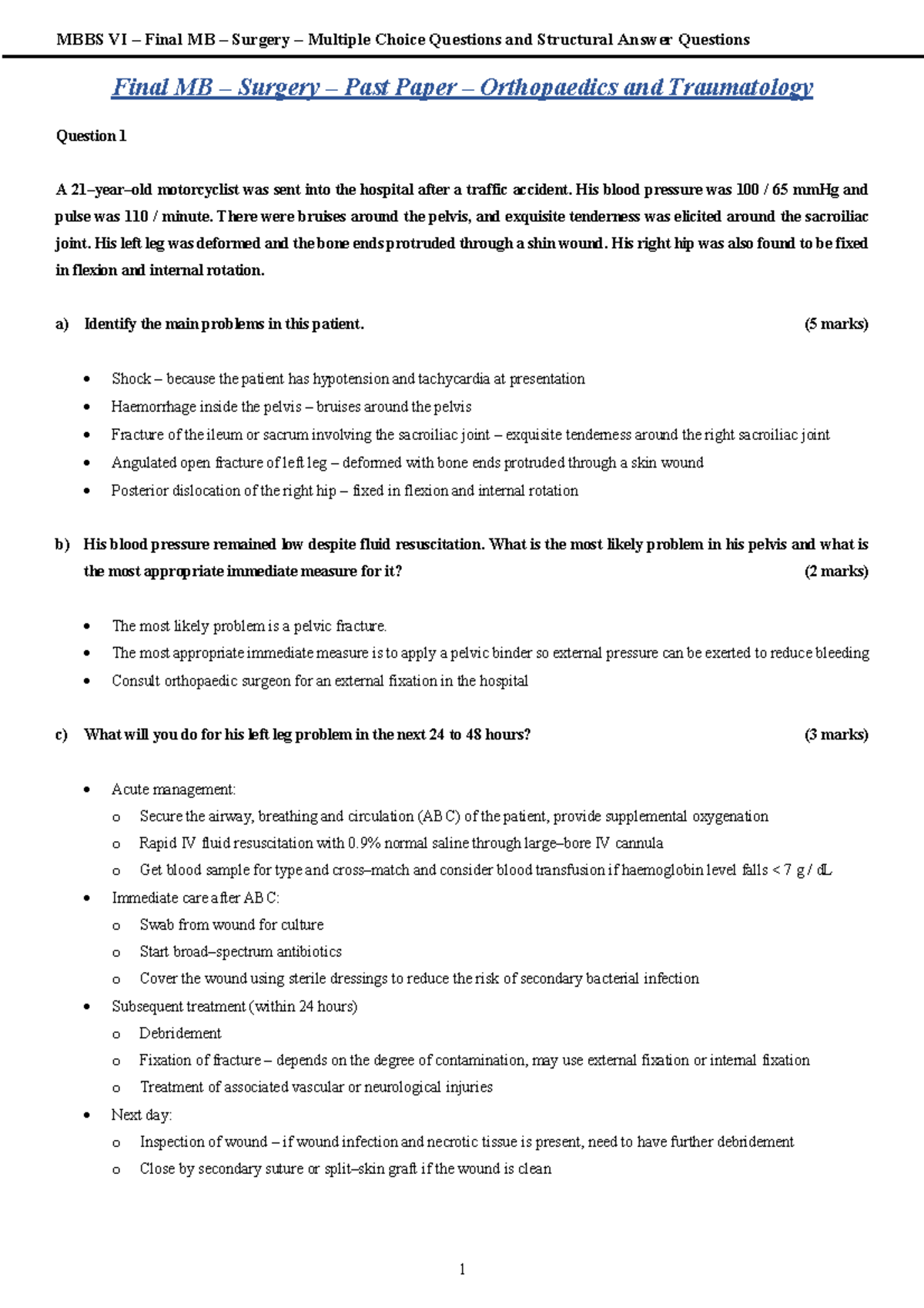 MBBS VI Final MB Surgery Past Paper: MCQs & SAQs on Orthopaedics - Studocu