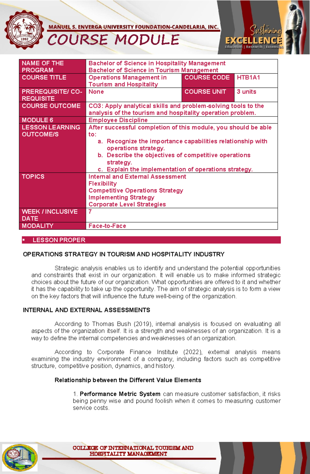 Module 6: Operations Strategy in Tourism & Hospitality (HTB1A1) - Studocu