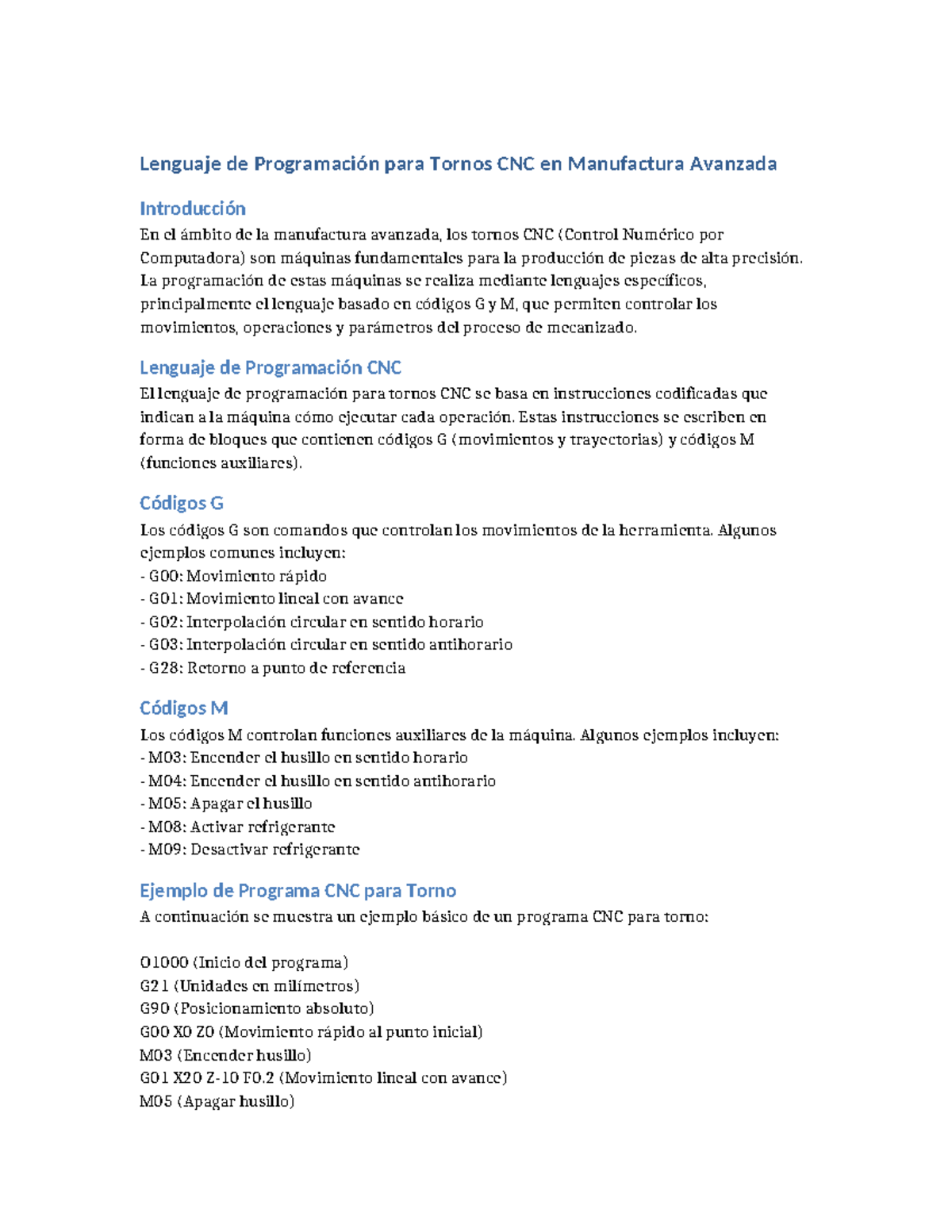 Lenguaje de Programación CNC para Tornos en Manufactura Avanzada - Studocu