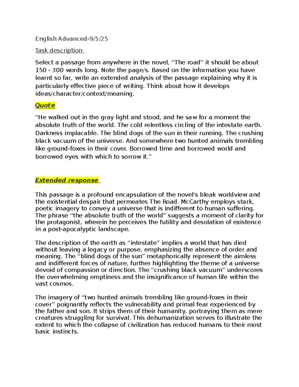 English Advanced Analysis of Passage from The Road: Existential Themes ...