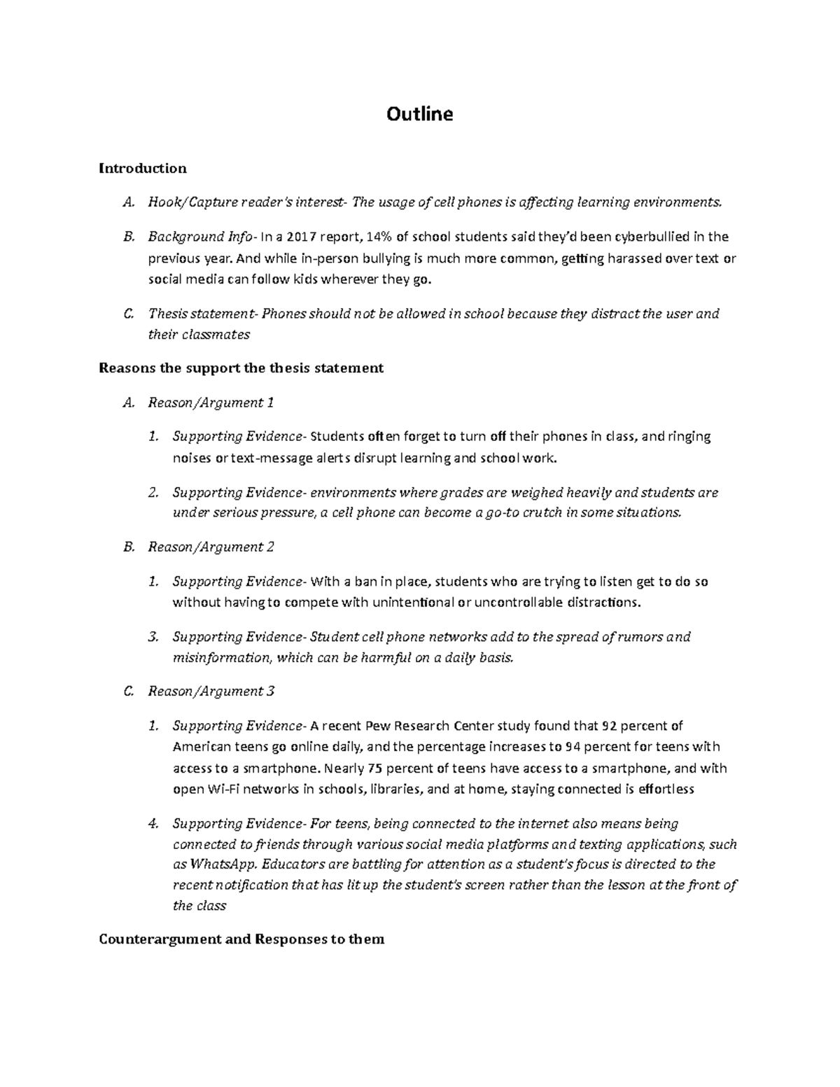 Outline Template for Argumentative Essay on Cell Phones in School - Studocu