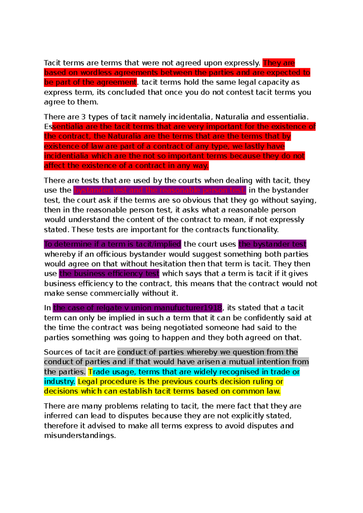 Understanding Tacit Terms in Contract Law: Key Concepts & Cases - Studocu