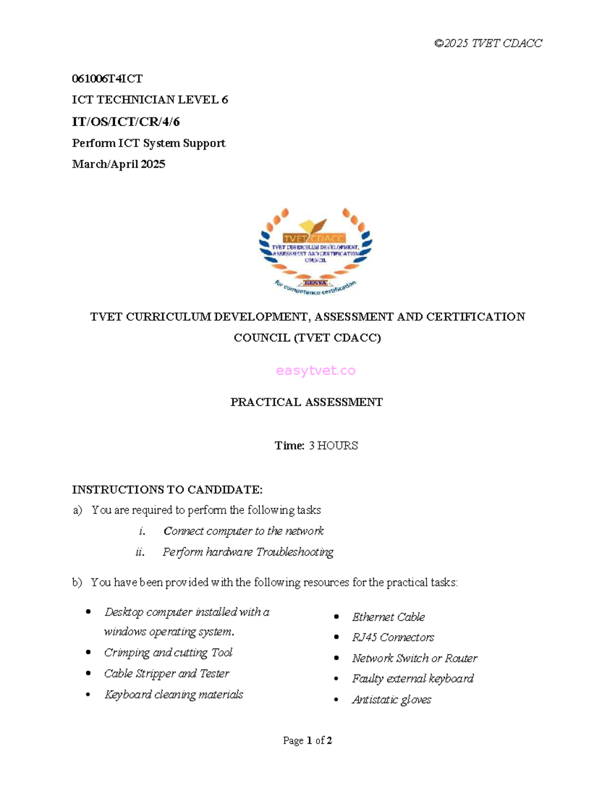 TVET CDACC 061006T4ICT ICT Technician Level 6 Support Practical 5 Notes ...