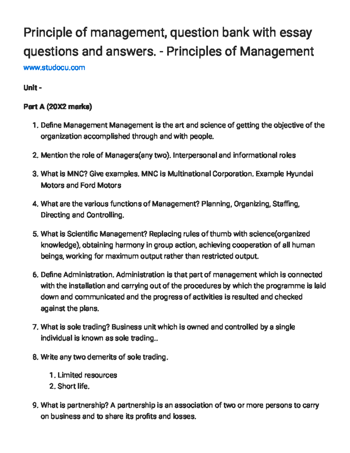 Principles of Management: Comprehensive Essay Questions & Answers Bank ...