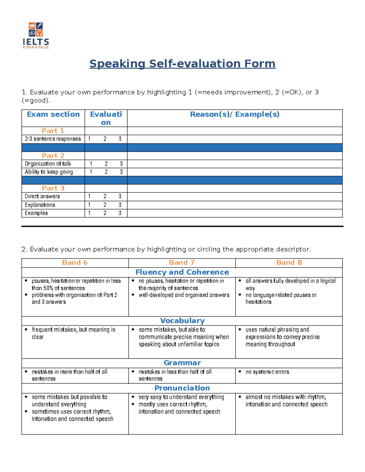 Speaking Self-Evaluation Form 1: Performance Review & Improvement Tips ...